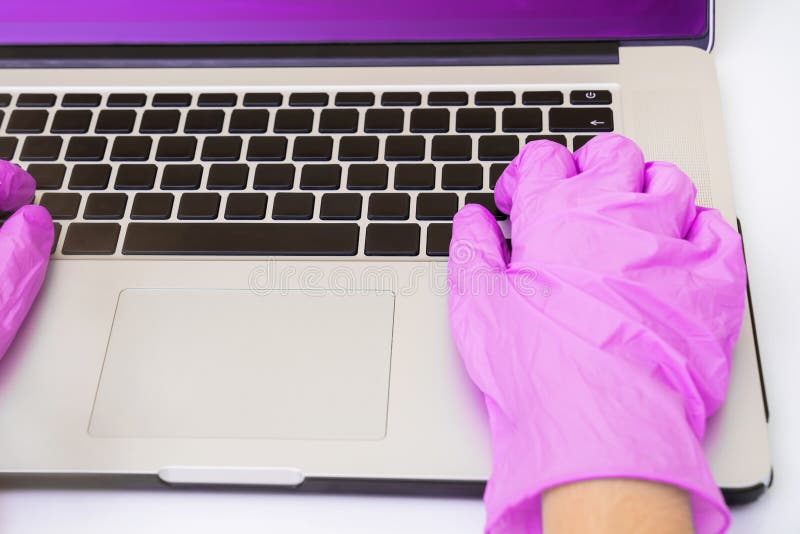 Scientist Doing Research with Plastic Glove on Computer Stock Photo ...