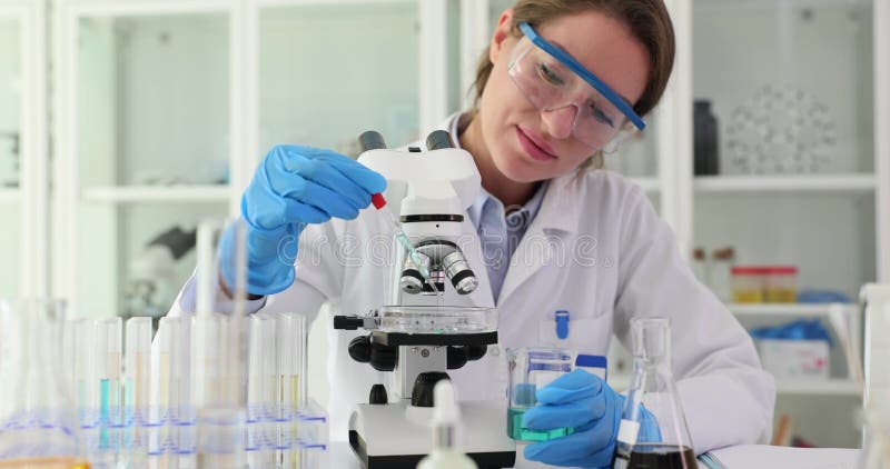 Scientist Drops Sample Onto Petri Dish with Microscope in Laboratory ...