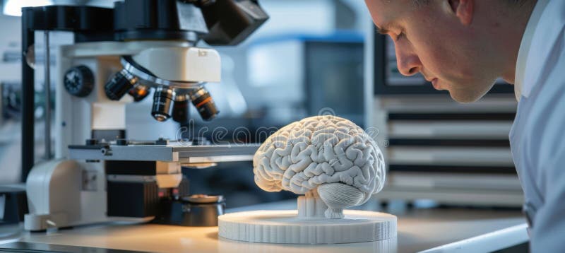 Scientist Examines 3D Printed Brain Model in Advanced Laboratory ...