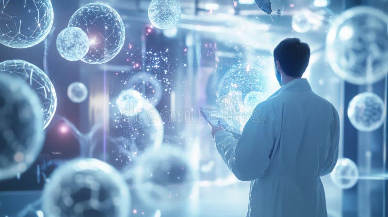 A Scientist Examines Data Visualized As Floating Spheres in a Lab Stock ...