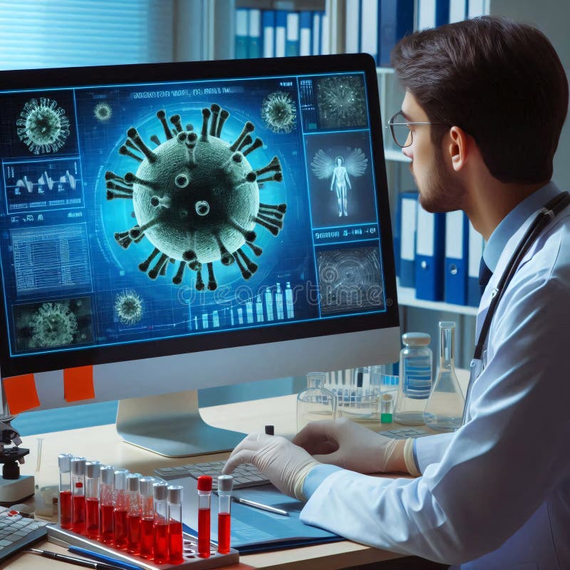 A Scientist Examines a Detailed 3D Model of a Virus on a Computer ...