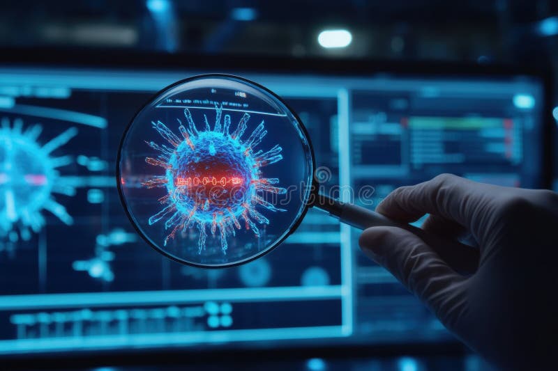 Scientist Examines Glowing Holographic Virus Structure Futuristic Lab ...