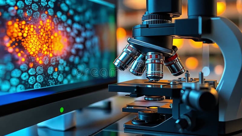 A Scientist Using a Microscope in a Modern Lab To Study Microorganisms on a Computer Screen ...