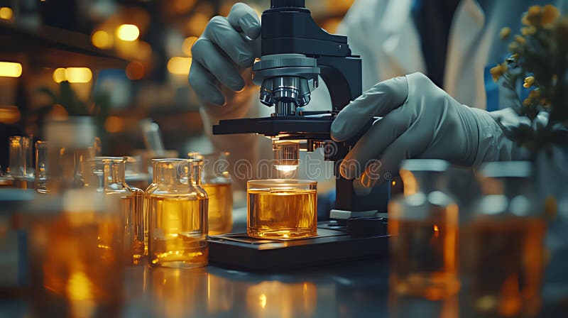 Scientist Examines Oil Sample Under Microscope in Lab Stock ...