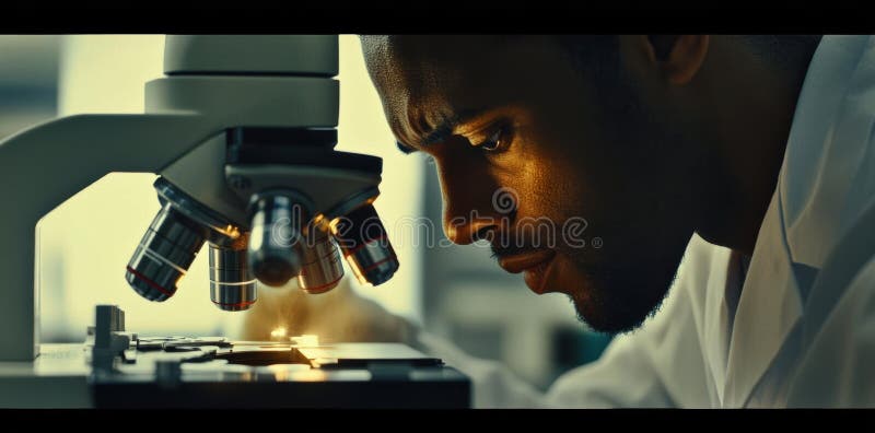 Scientist Examines Sample Under Microscope in Lab, Focused on Research, Scientific Discovery ...