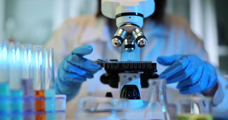 Scientist Examines Sample Using High-resolution Microscope Stock ...