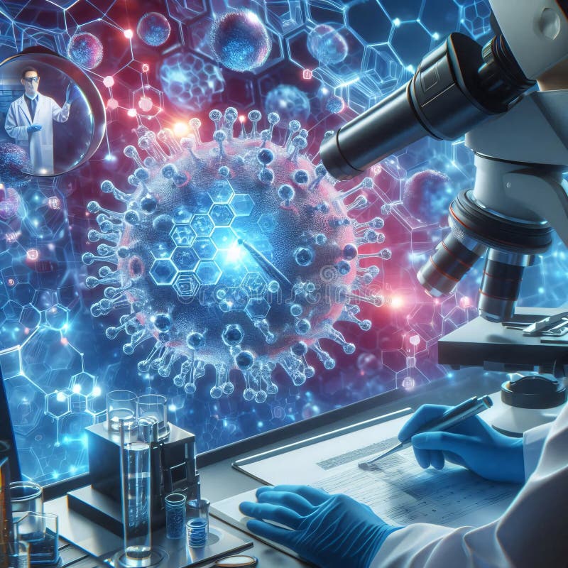 A Scientist Examines a Virus Under a Microscope while a Virtual ...