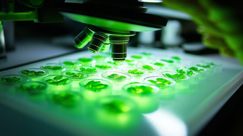 Scientist Examining Bioengineered Plant Cells through a Microscope in a ...
