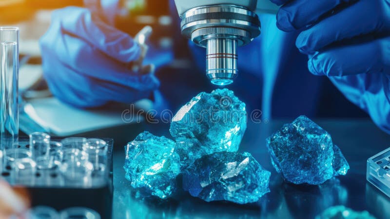 Scientist Examining Blue Crystals with Microscope in Laboratory Setting ...