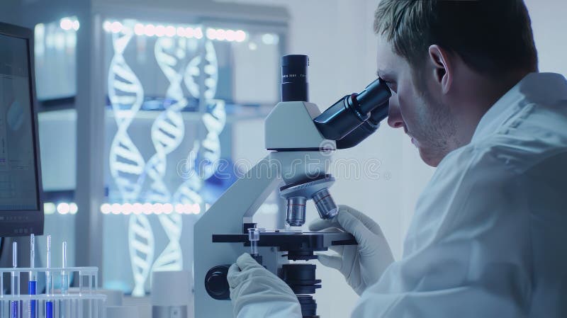 Scientist Examining DNA Samples Under a High-powered Stock Illustration ...