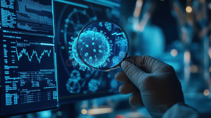 Scientist Examining a Holographic Virus Structure in a High-tech Lab ...