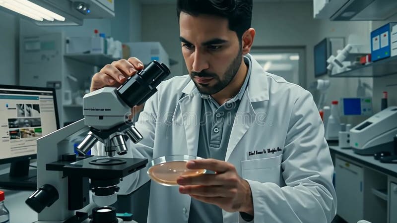 Scientist Examining Petri Dish Under Microscope in Modern Lab Stock ...