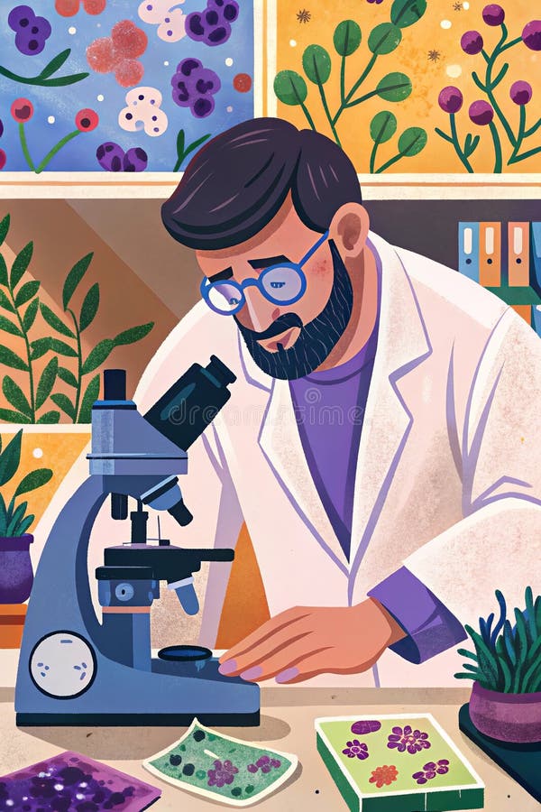 Scientist Examining Plant Samples Under Microscope with Botanical ...