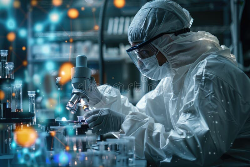 Scientist Examining Sample Under Microscope in Hi-Tech Laboratory with ...