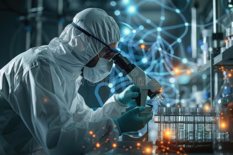 Scientist Examining Sample Under Microscope in Hi-Tech Laboratory with ...