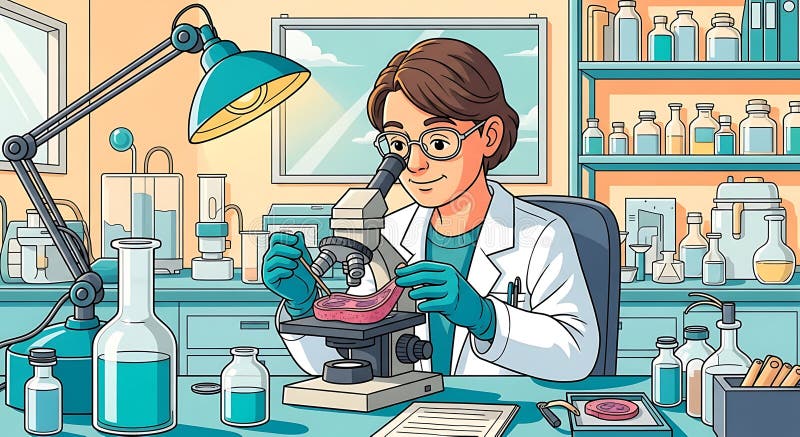 Scientist Examining Sample Under Microscope in Lab Stock Illustration ...