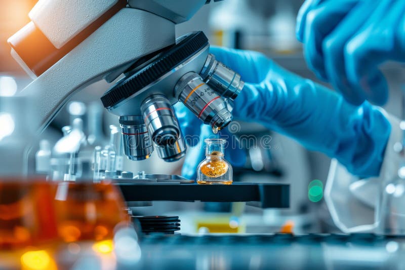 Scientist Examining Samples with Microscope in Medical Lab for ...