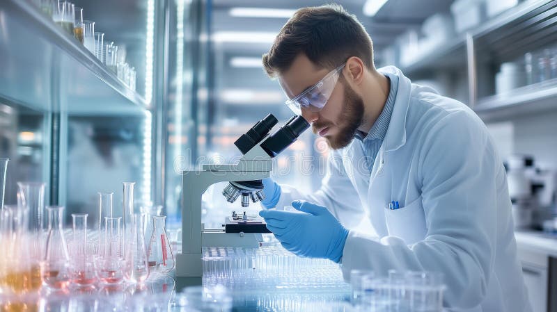 Scientist Examining Samples Under Microscope in Laboratory Setting ...