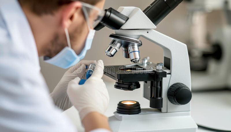 Scientist Examining Samples Under a Microscope in a Laboratory Setting ...