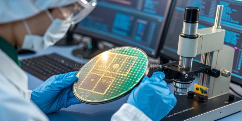 Scientist Examining a Semiconductor Wafer in a Cleanroom Laboratory ...