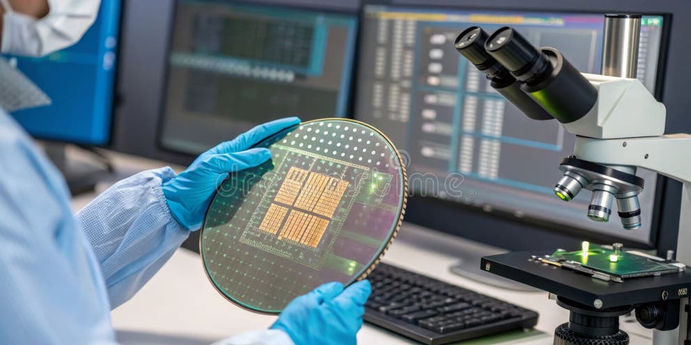 Scientist Examining Semiconductor Wafer Under Microscope in a High-tech ...