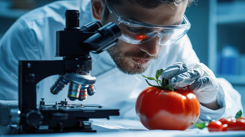 Scientist Examining Tomato Under Microscope in Laboratory Setting Stock ...
