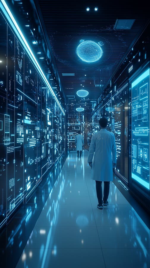 Scientist Exploring a Futuristic Data Corridor Stock Illustration ...