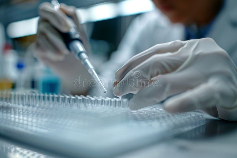 The Scientist Fills the Microplate with a Pipette in the Lab for ...