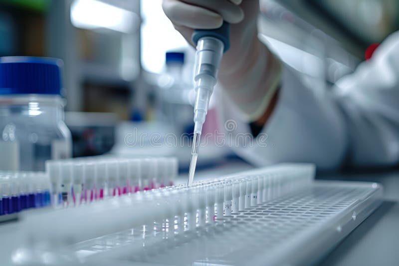 The Scientist Fills the Microplate with a Pipette in the Lab for ...