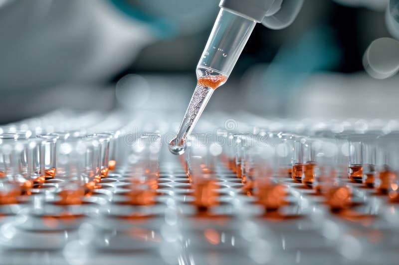 The Scientist Fills the Microplate with a Pipette in the Lab for ...