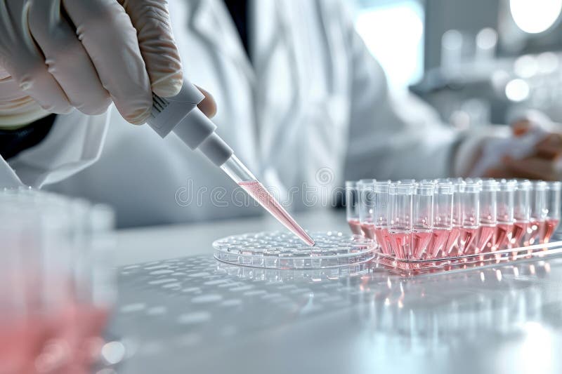 The Scientist Fills the Microplate with a Pipette in the Lab for ...