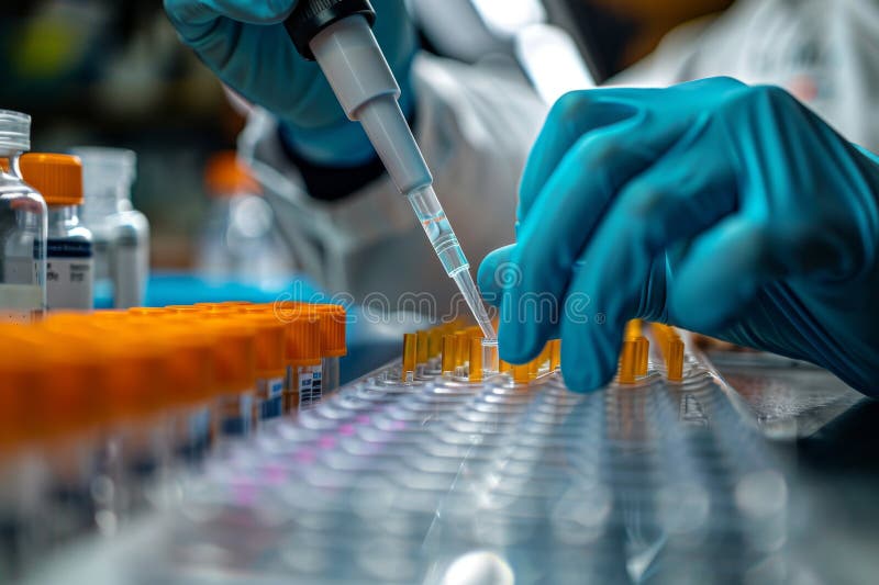 The Scientist Fills the Microplate with a Pipette in the Lab for ...