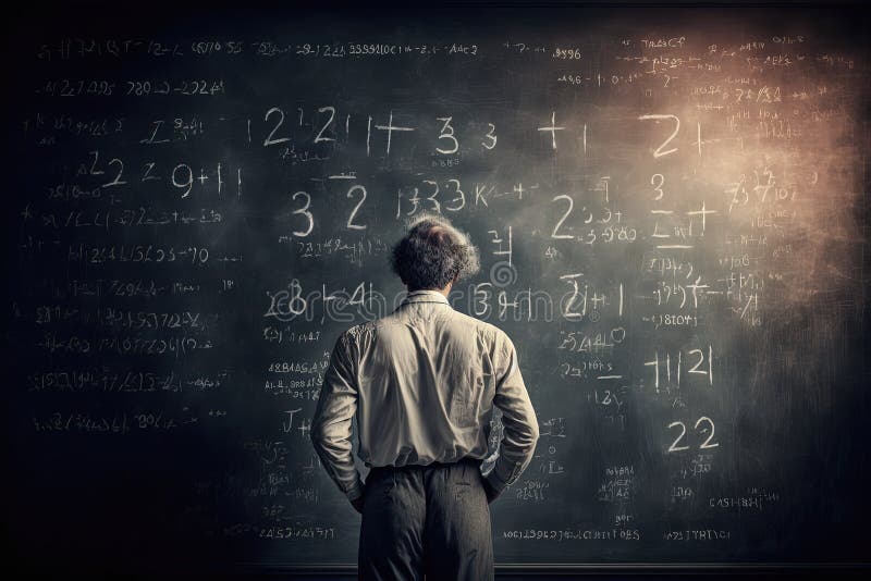 Scientist in Front of a Blackboard with Equations and Problem Solving ...