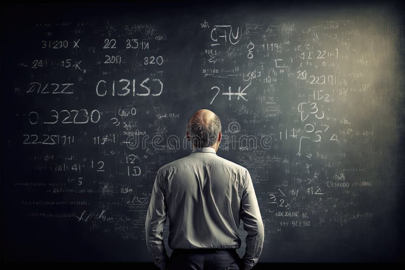 Scientist in Front of a Blackboard with Equations and Problem Solving ...