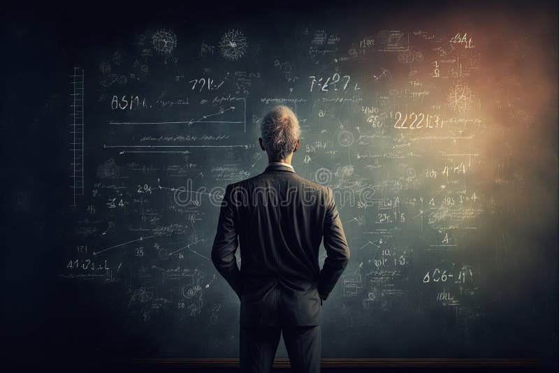 Scientist in Front of a Blackboard with Equations and Problem Solving ...