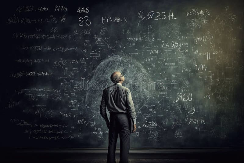Scientist in Front of a Blackboard with Equations and Problem Solving ...