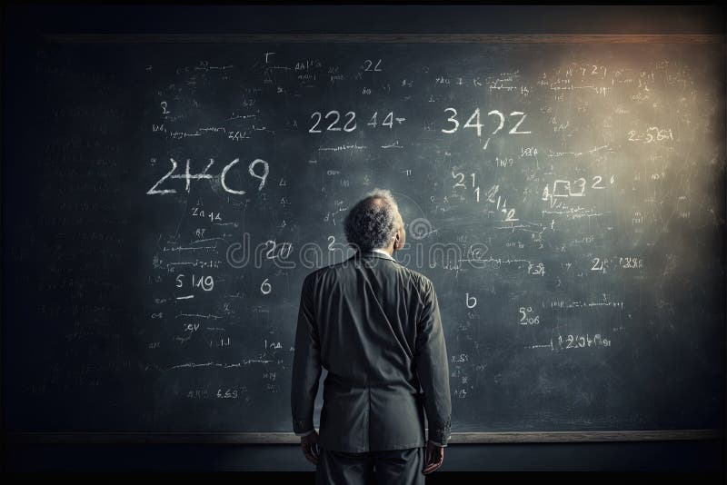 Scientist in Front of a Blackboard with Equations and Problem Solving ...