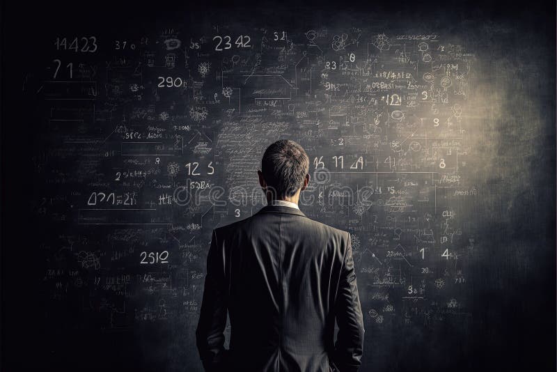 Scientist in Front of a Blackboard with Equations and Problem Solving ...