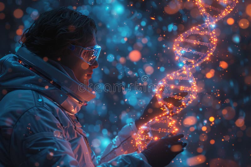 Scientist in Futuristic Attire Analyzing a Glowing DNA Strand in a High ...