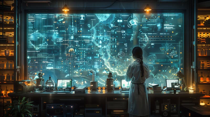Futuristic AI-Driven Lab: Scientist Working with Data Visualization ... Futuristic AI-Driven Lab: Scientist Working with Data Visualization ...