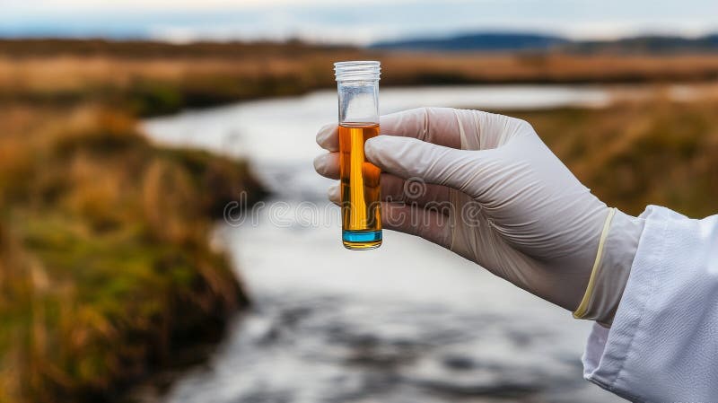 A Scientist Gathers a Water Sample from a River Using a Test Tube Stock ...