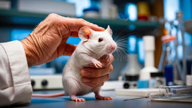 A Scientist Gently Holding a White Mouse in a Laboratory Setting, with ...