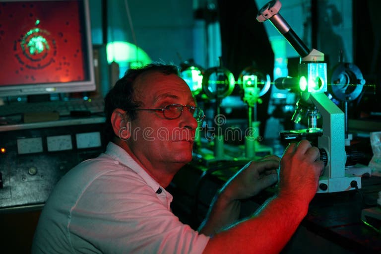 Scientist with Glass Demonstrate Laser Stock Image - Image of ...