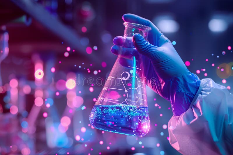 Scientist with Gloved Hand Holding Erlenmeyer Flask Filled with Glowing ...
