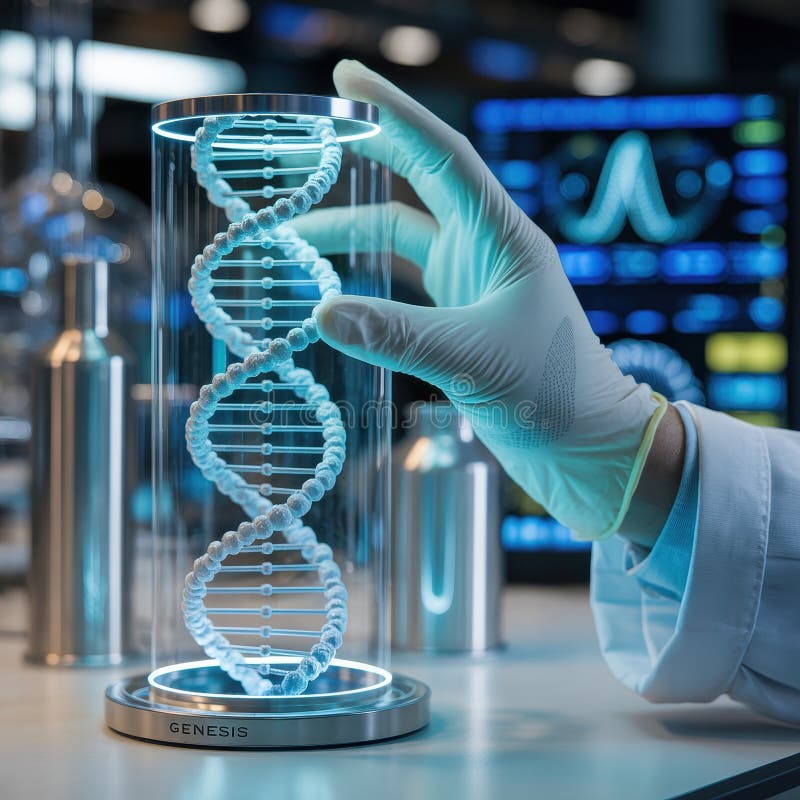 Scientist Gloved Hand Interacting with a Luminous DNA Helix in a High ...