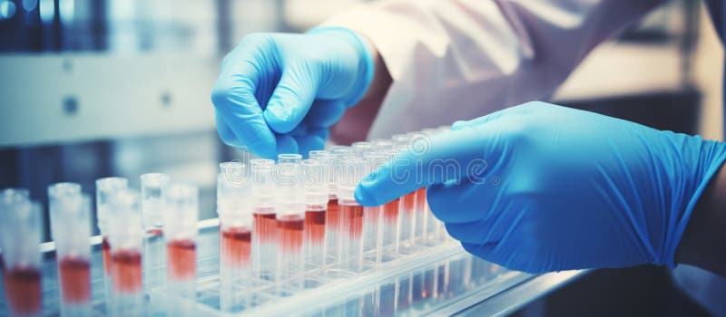 Scientist with Gloves Checking Medical Vials with Blood Samples at ...