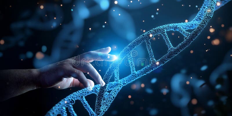 Scientist Hand Touching DNA Digital Hologram on Dark Blue Background ...