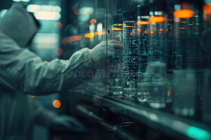 Scientist Handling Glass Containers in a Laboratory during Evening ...