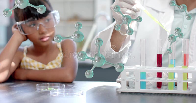 Scientist Handling Test Tubes with Molecular Structures Over Curious ...