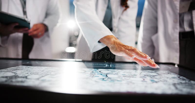 Scientist, Hands and Discussion with Screen for Lab Review, Medical ...